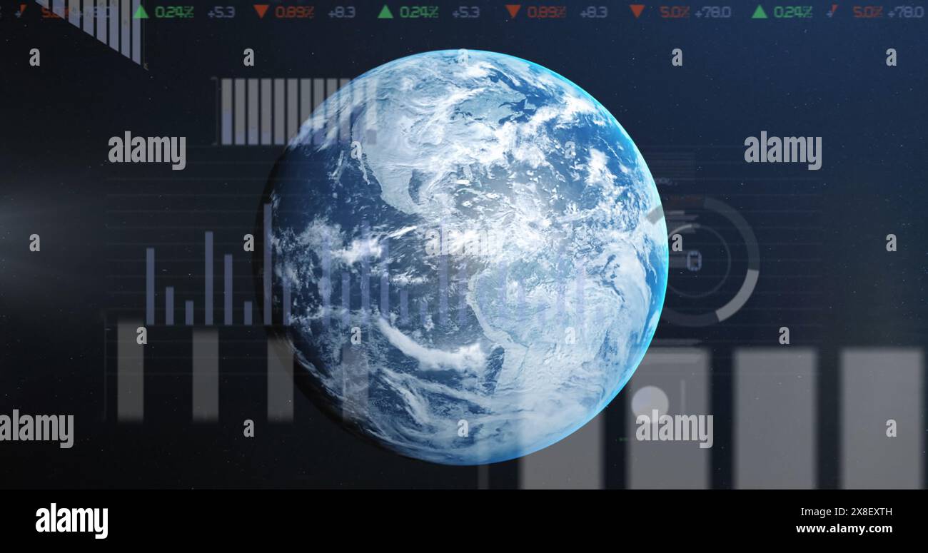 Image of graphs, loading circles, changing numbers and trading board over rotating globe Stock ...