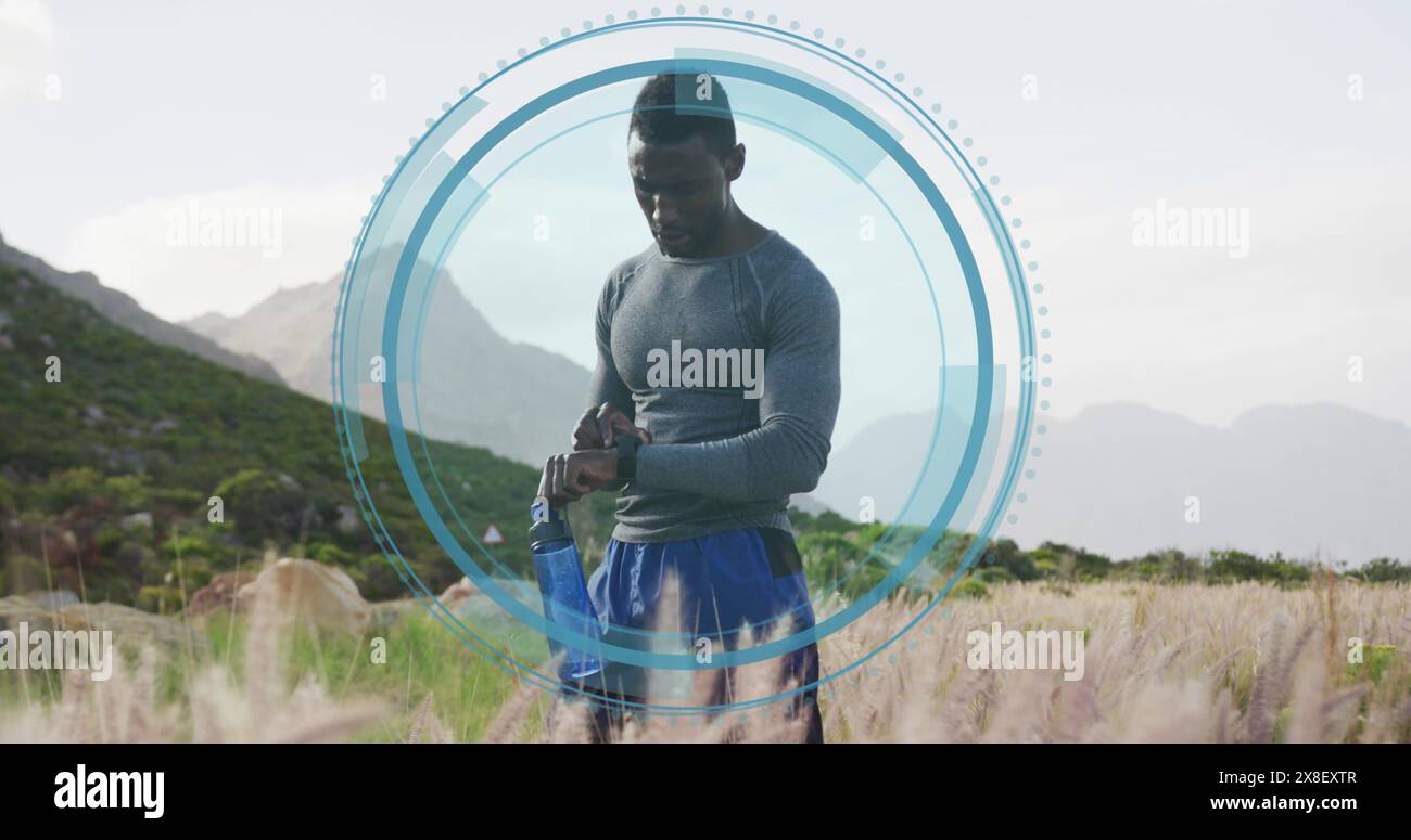 Image of data processing over african american man exercising in nature ...