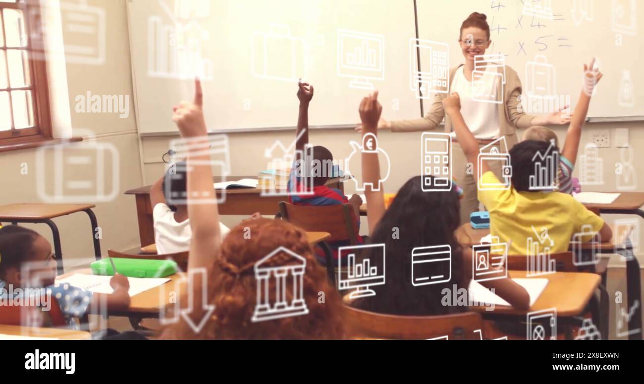 Image of multiple icons over diverse students raising hands to answer ...