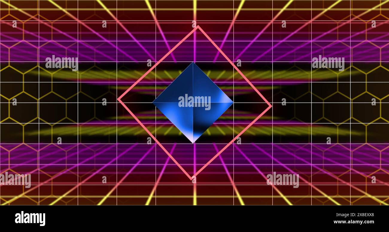 Image of rhombus in rotating square with grid pattern against abstract ...