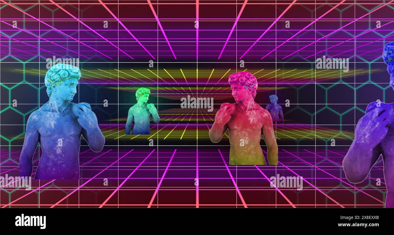 Image of multicolored glitched male statues with grid pattern against ...