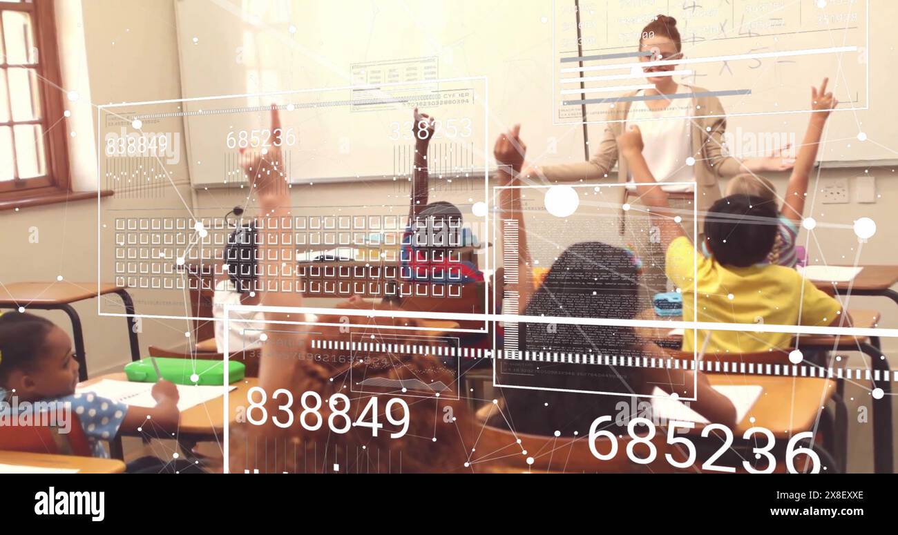 Image of graphs, connected dots and loading bars, diverse students ...