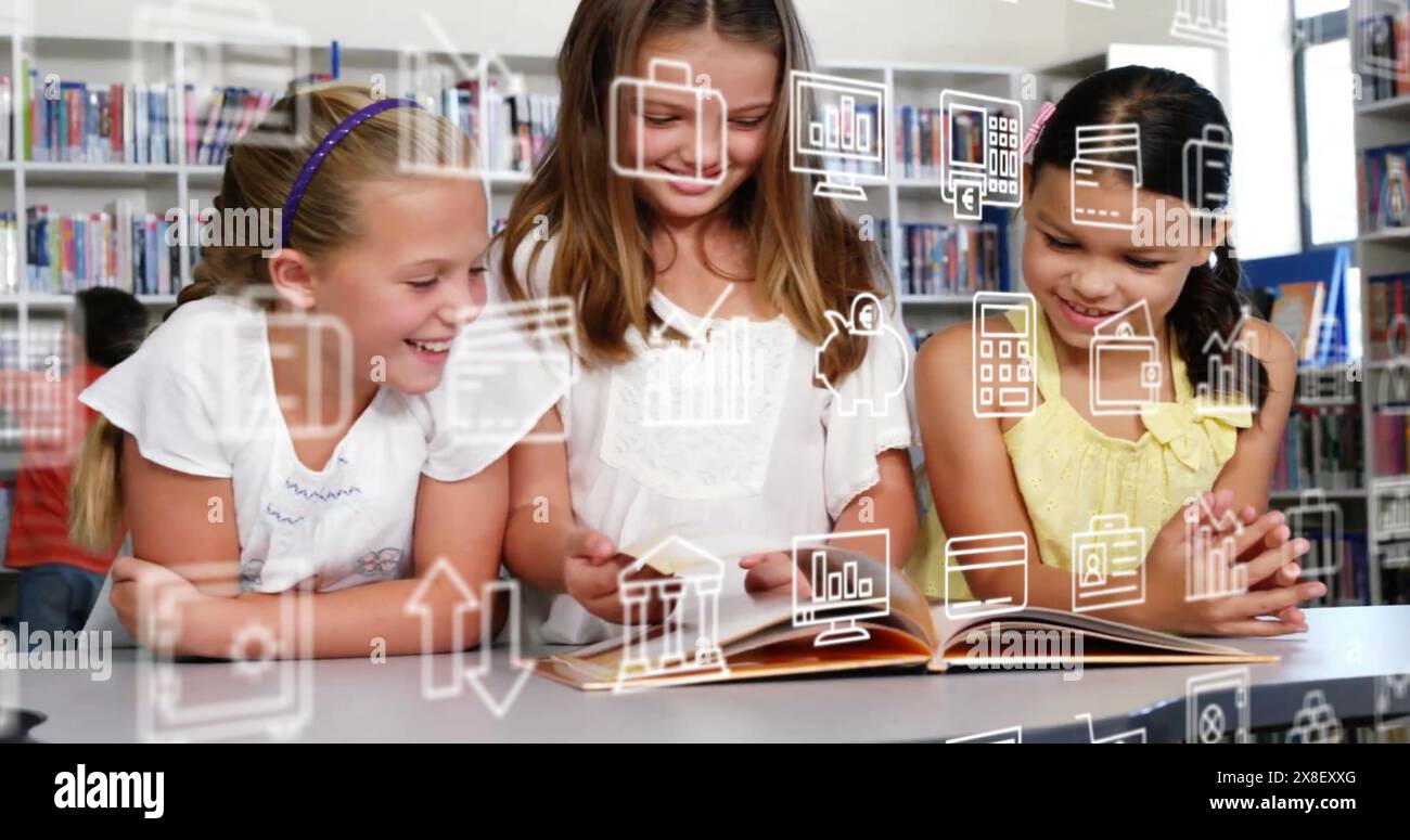 Image of multiple icons over diverse female girl reading book with ...