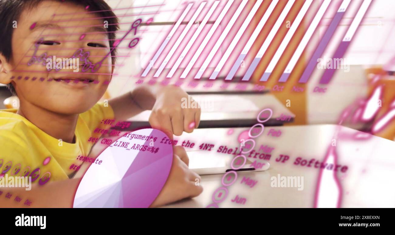 Image of graphs, globe and computer language over asian boy using ...