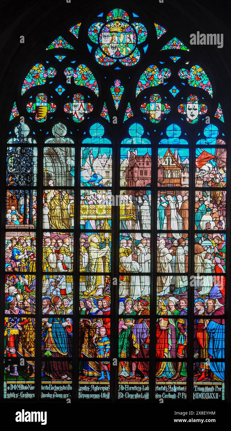 Medieval stained glass window in Antwerp Cathedral, Gothic style Stock ...
