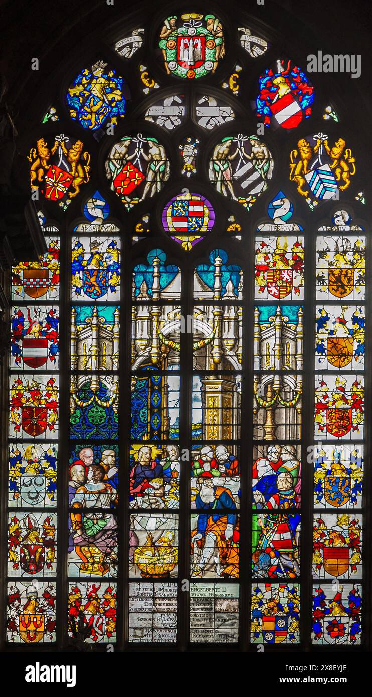 Medieval stained glass window in Antwerp Cathedral, Gothic style Stock ...