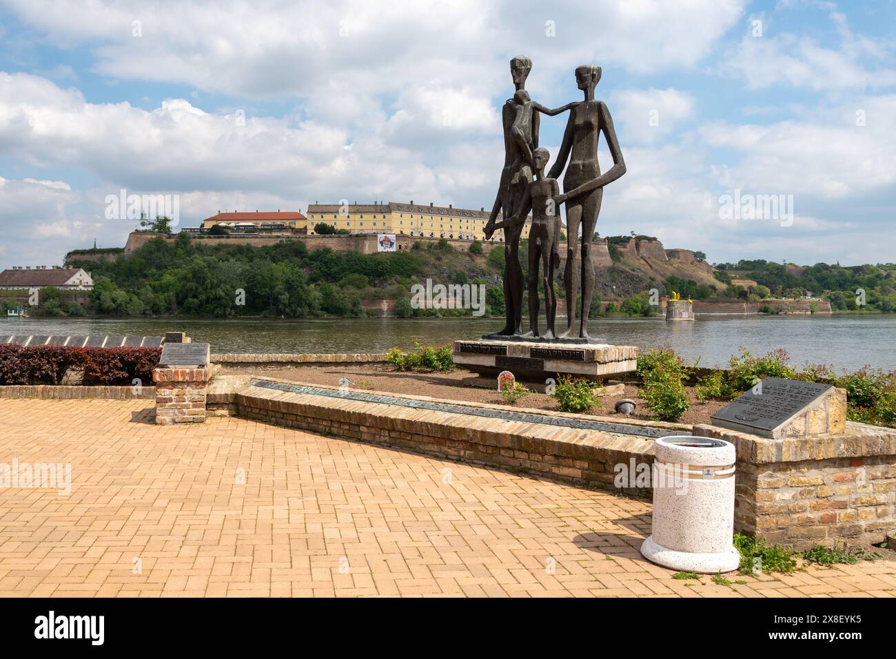 Memorial to WW2 victims on the Danube waterfront with Petrovaradin ...