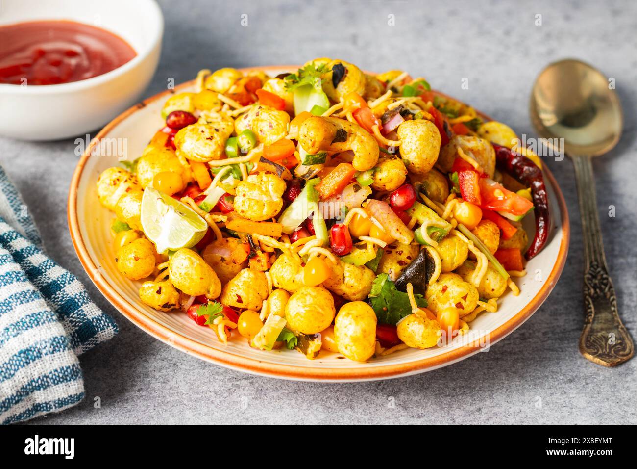 Selective focus of delicious Makhana chaat, made of roasted lotus seeds ...