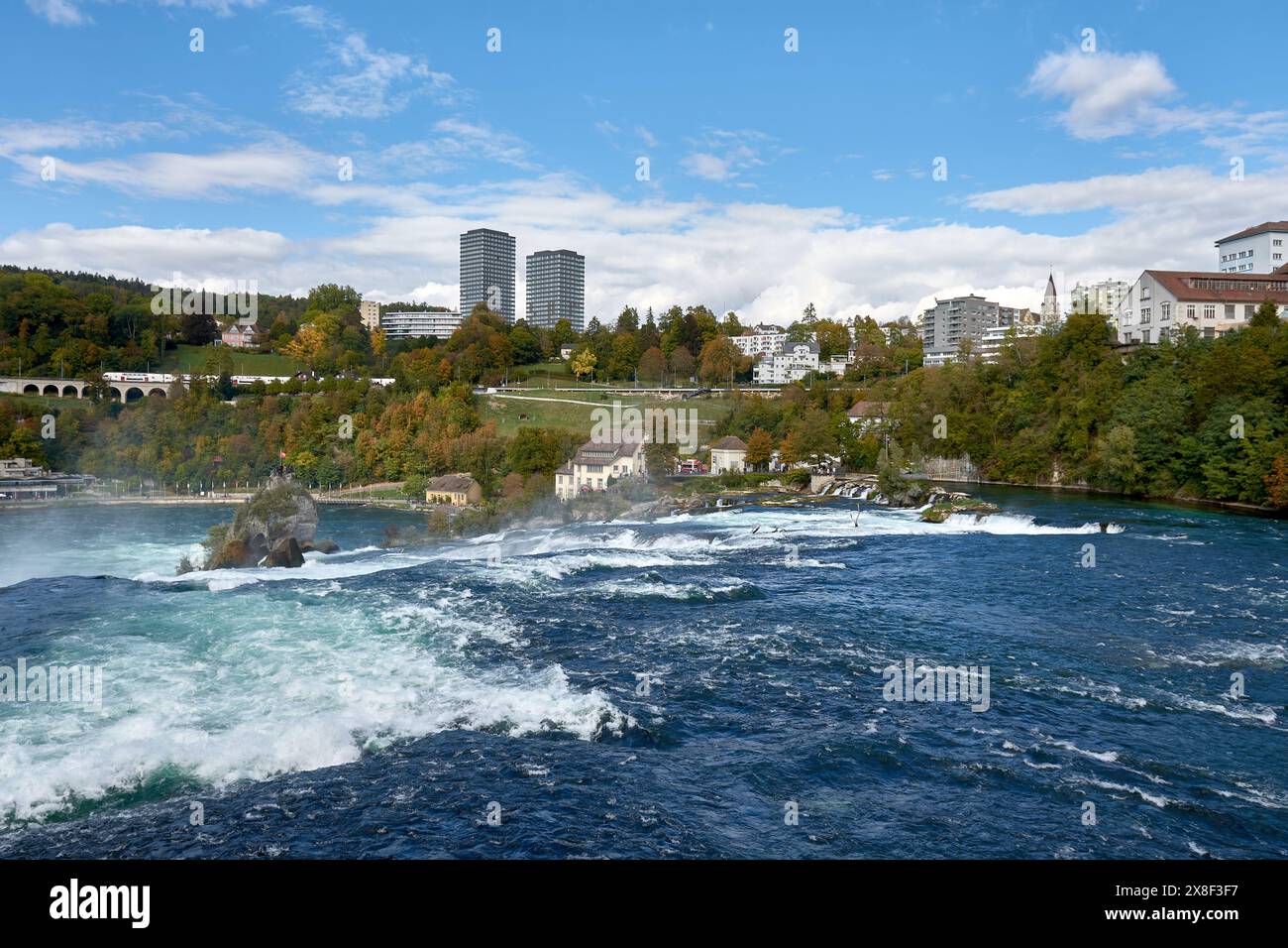 View of the Rhine Falls, the largest waterfall in Europe. It is located ...