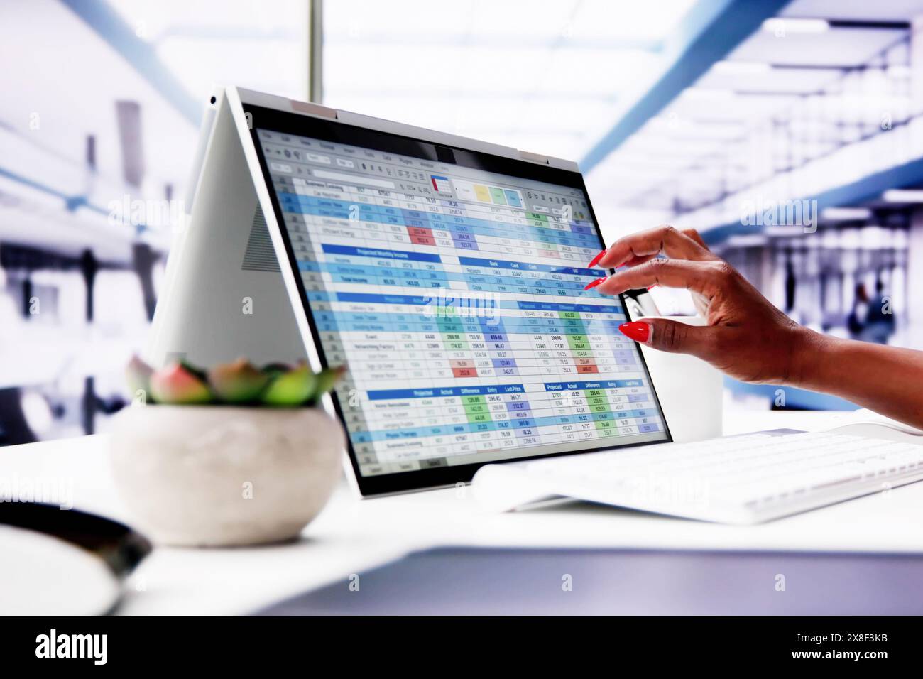 Computer Spreadsheet Data Analyst Woman Using Multiple Screens Stock ...