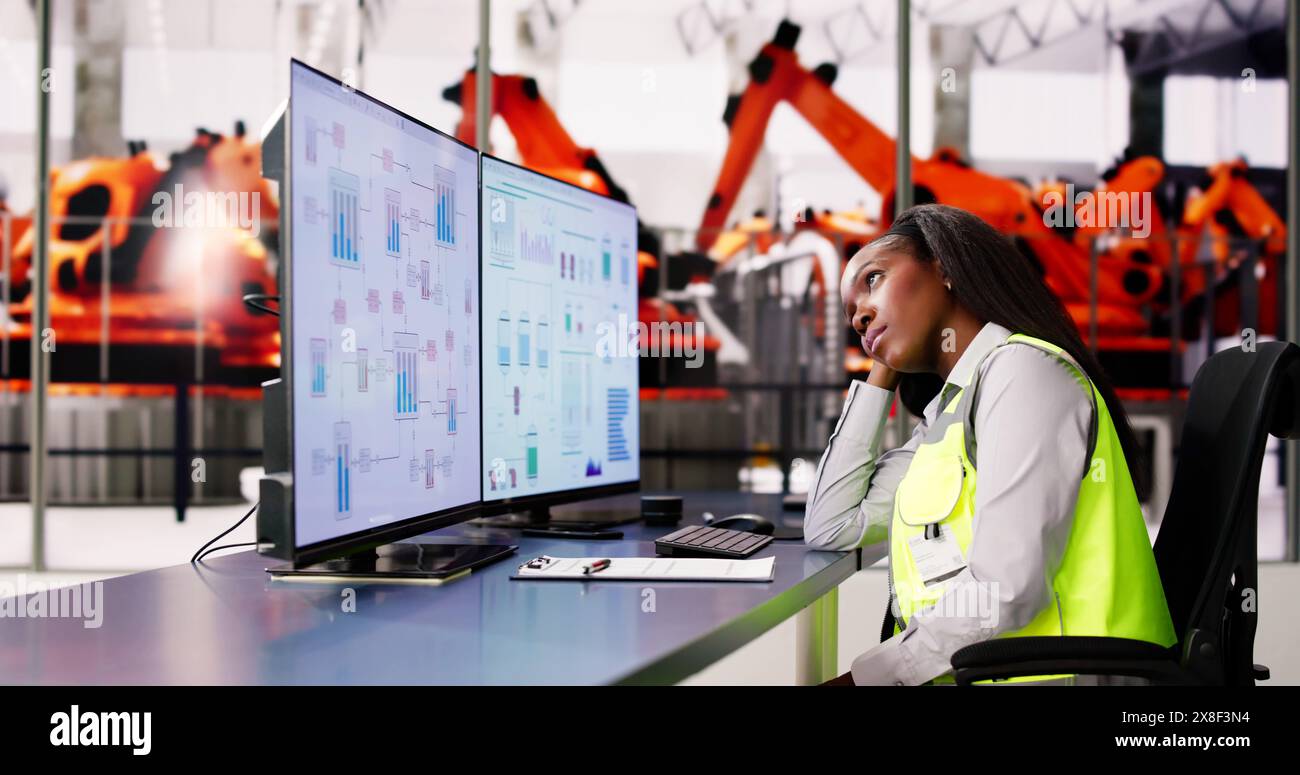 Tired Unhappy Woman In Automotive Car Factory Using Scada System Stock ...
