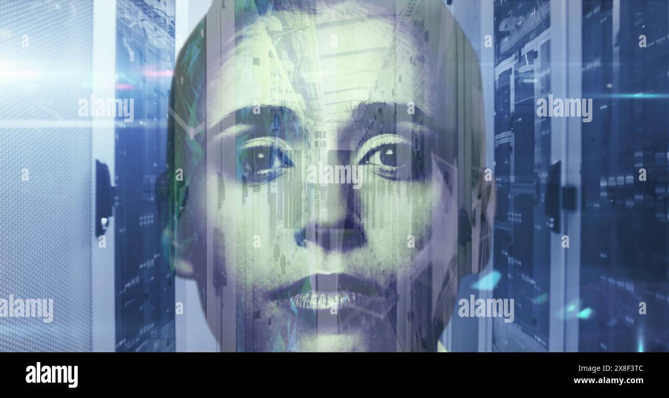 Caucasian woman with light skin and short blonde hair merging with digital data Stock Photo - Alamy