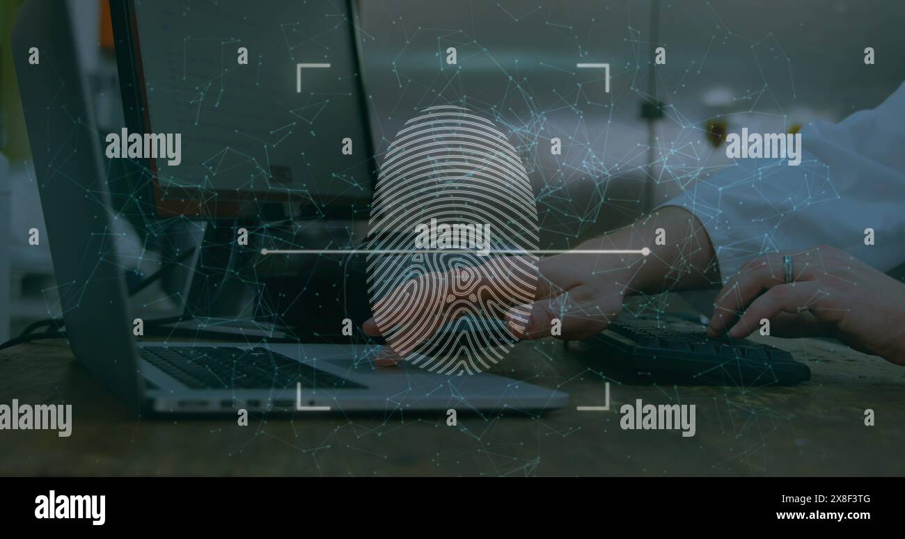 Two people, studying digital fingerprints on laptop, enhancing security ...