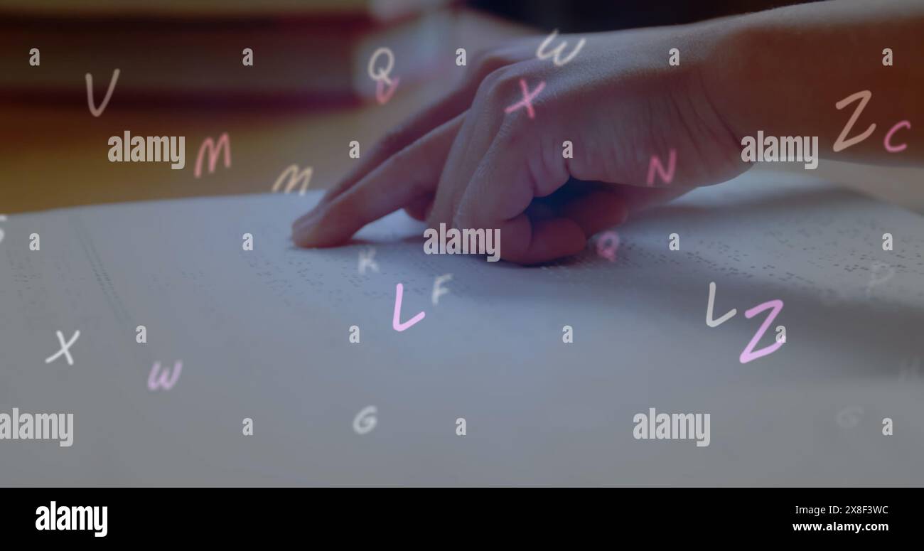 Image of letters and numbers over caucasian schoolchild reading braille ...