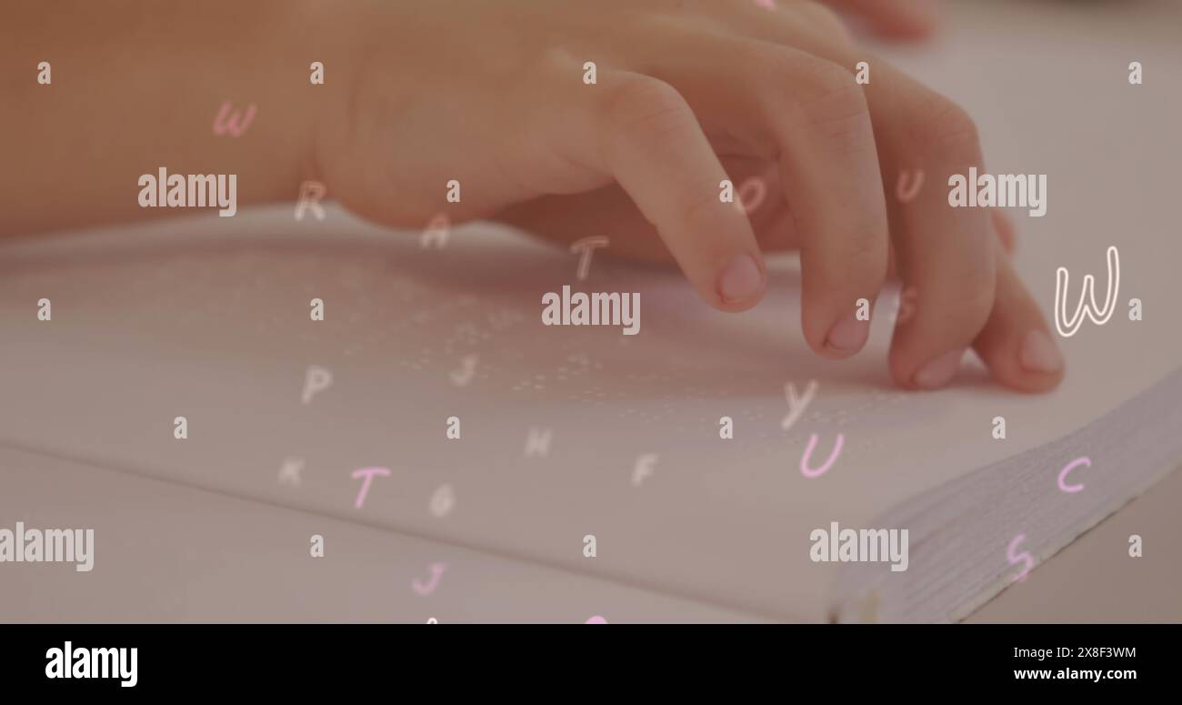 Image of letters and numbers over caucasian schoolchild reading braille ...
