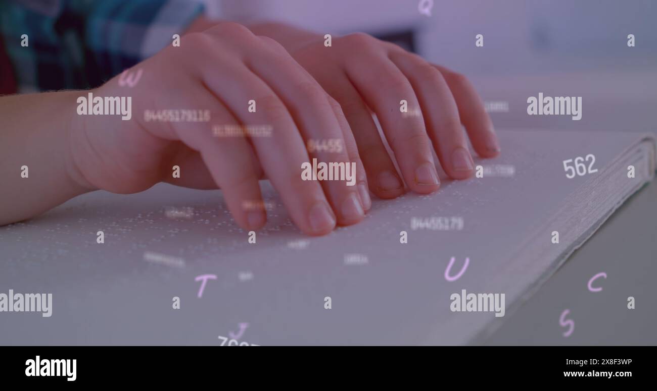 Image of letters and numbers over caucasian schoolchild reading braille ...