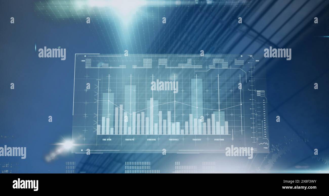 Image of interface with data processing and light spot against low ...