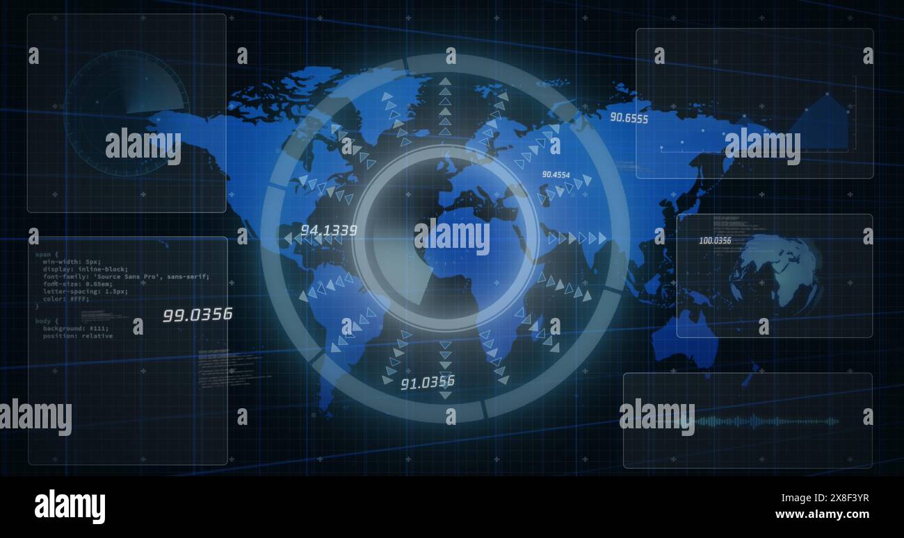 Image of interface with round scanner and data processing over world map on black background ...