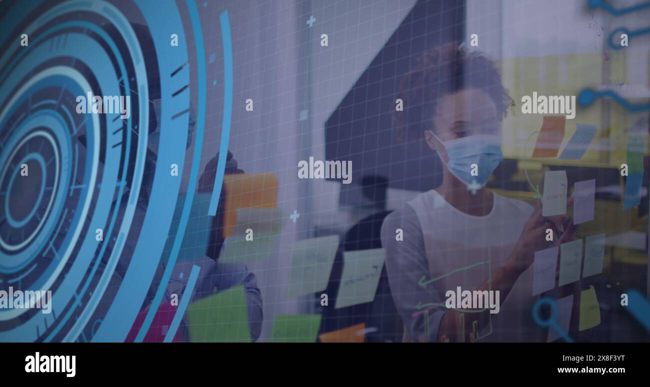 Image of data processing over african american man and woman discussing ...