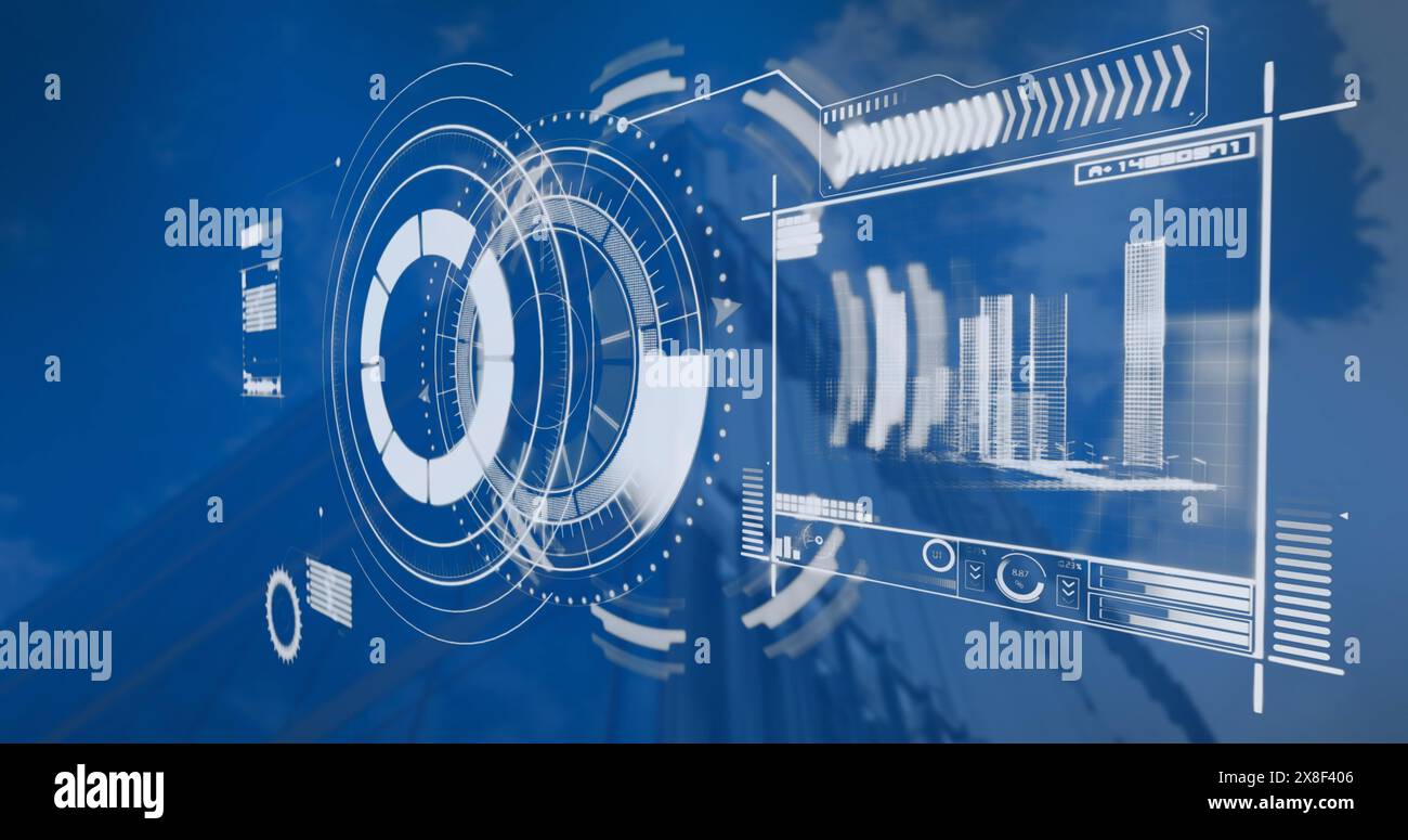 Image of interface with round scanner and data processing over low angle view of tall building ...
