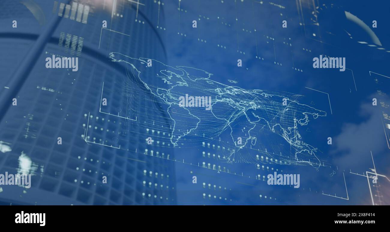 Image of interface with data processing and world map against low angle ...