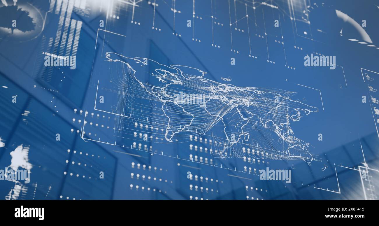 Image of interface with data processing and world map against low angle ...