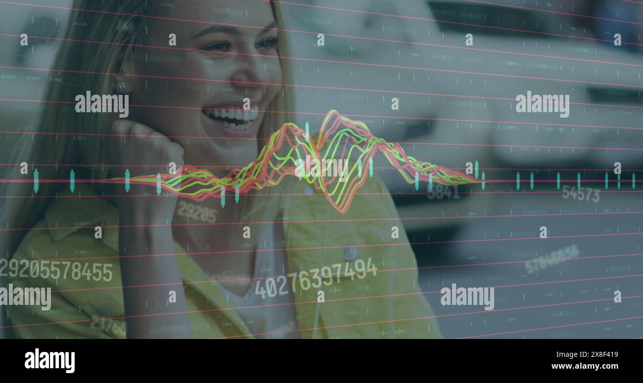 Image of data processing against caucasian woman smiling while talking ...