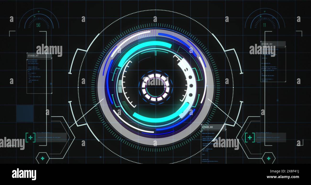 Image of interface with neon round scanner and data processing against black background Stock ...