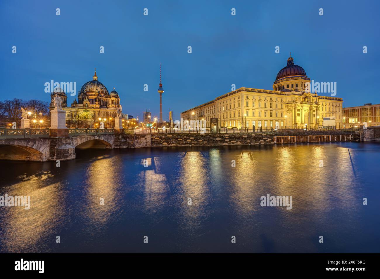 The Berlin Cathedral, the TV Tower and the rebuilt City Palace at night ...