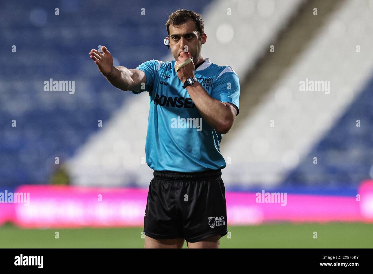 Referee James Vella blows the whistle during the Betfred Super League ...