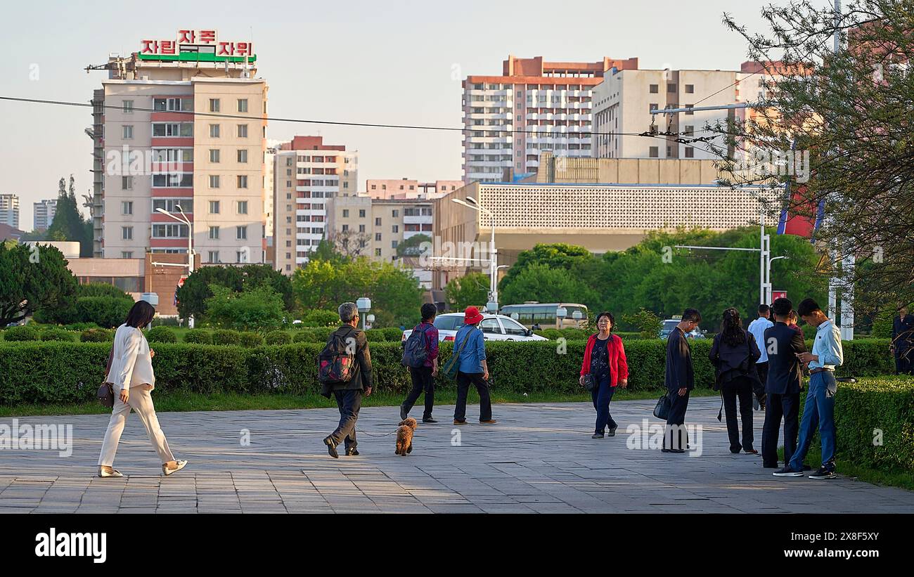 Historical landmark, Pyongyang residents walk on the square near the ...