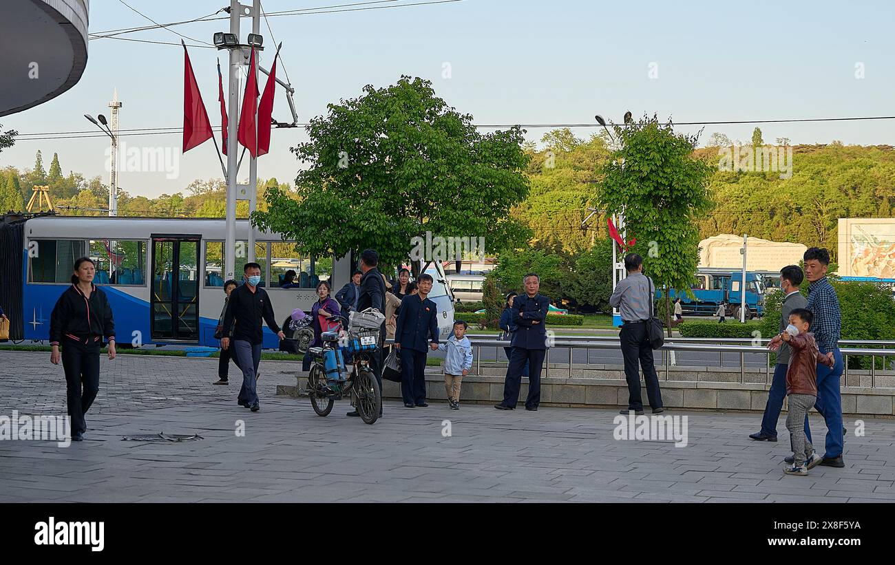 Historical landmark, Pyongyang residents walk on the square near the ...