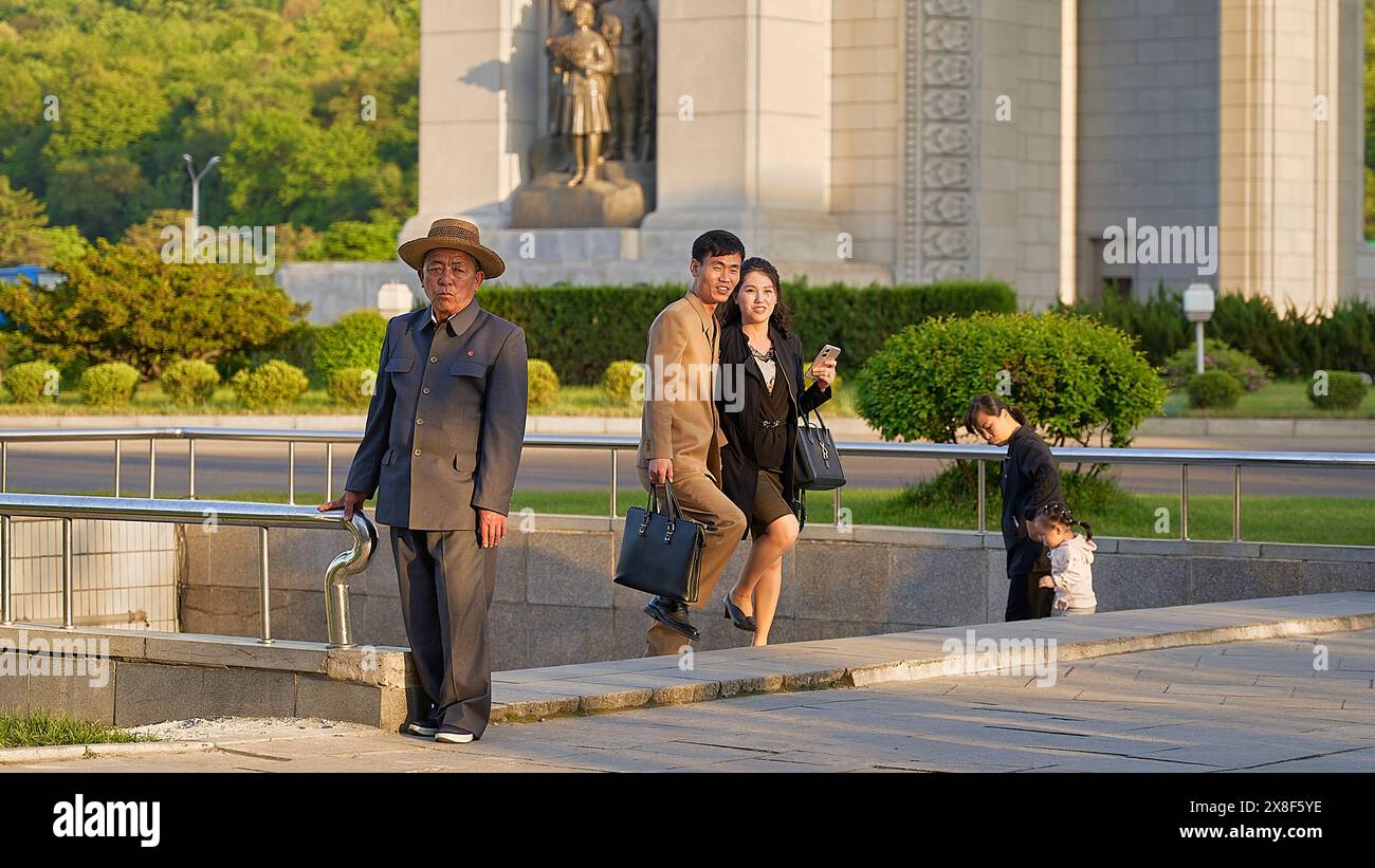 Historical landmark, Pyongyang residents walk on the square near the ...