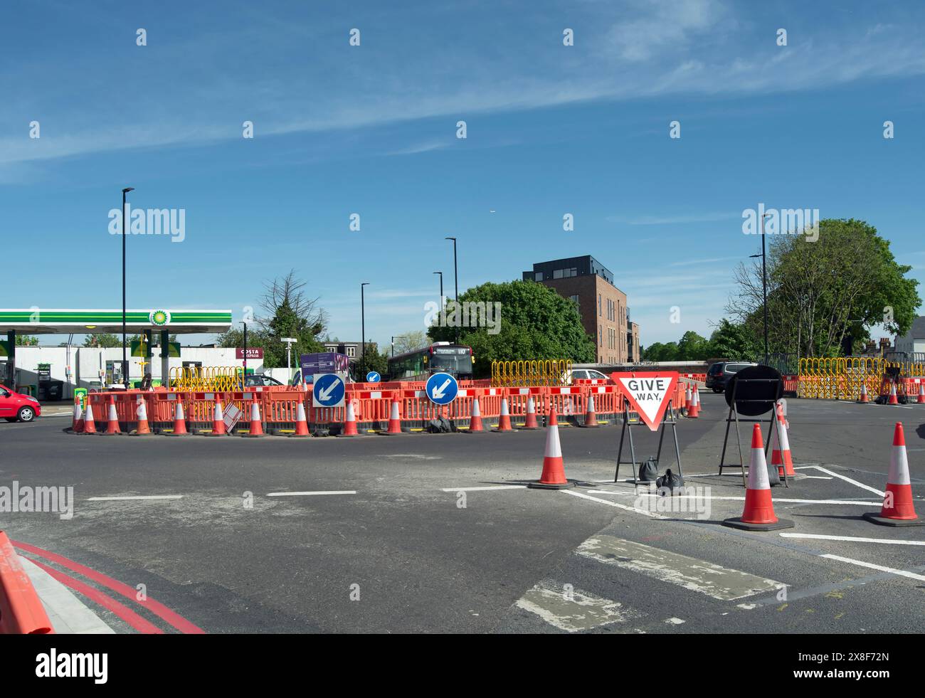 temporary road signs and cones at manor circus roundabout on the south ...