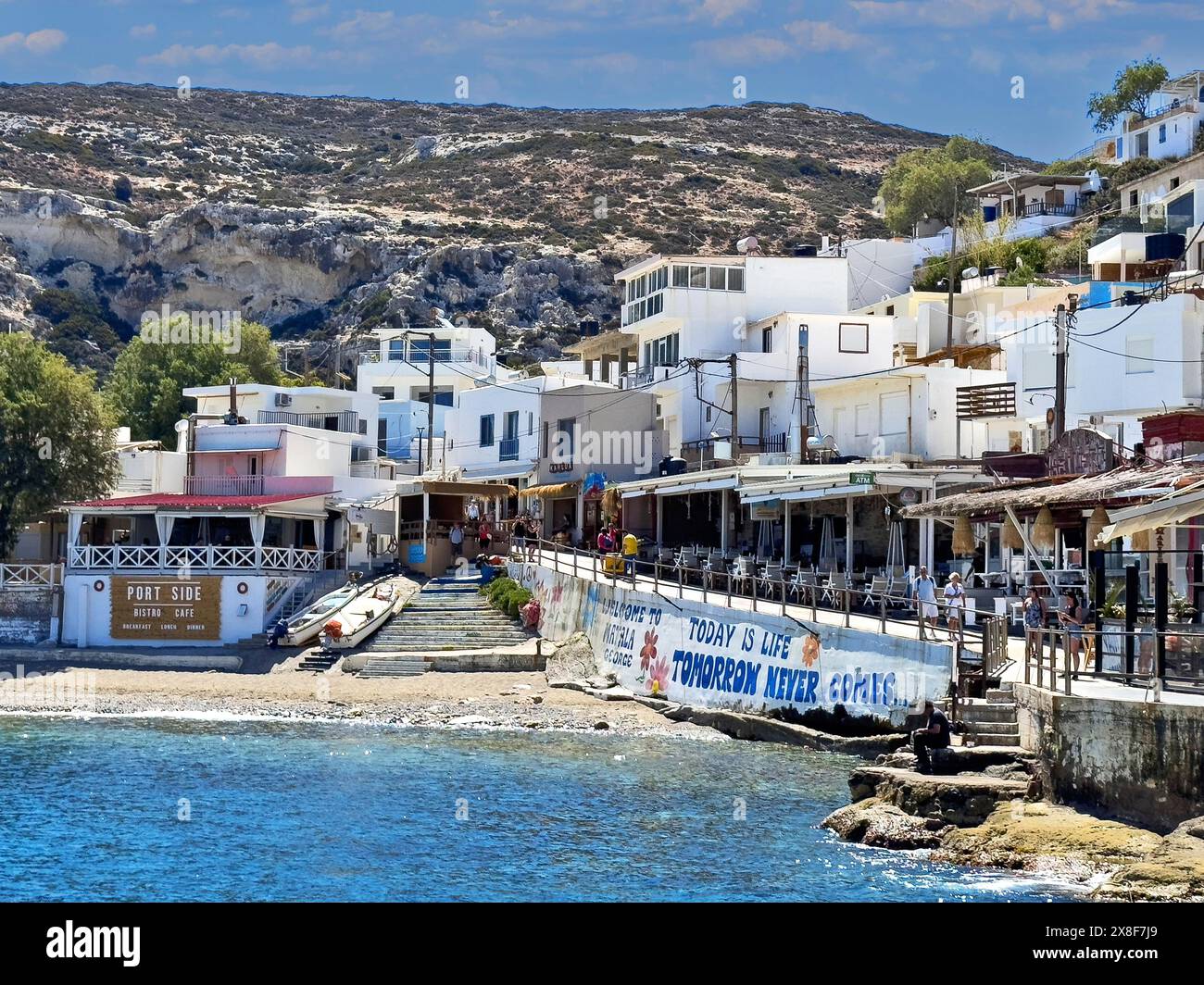 View of part of former fishing village Matala on south coast of Crete ...