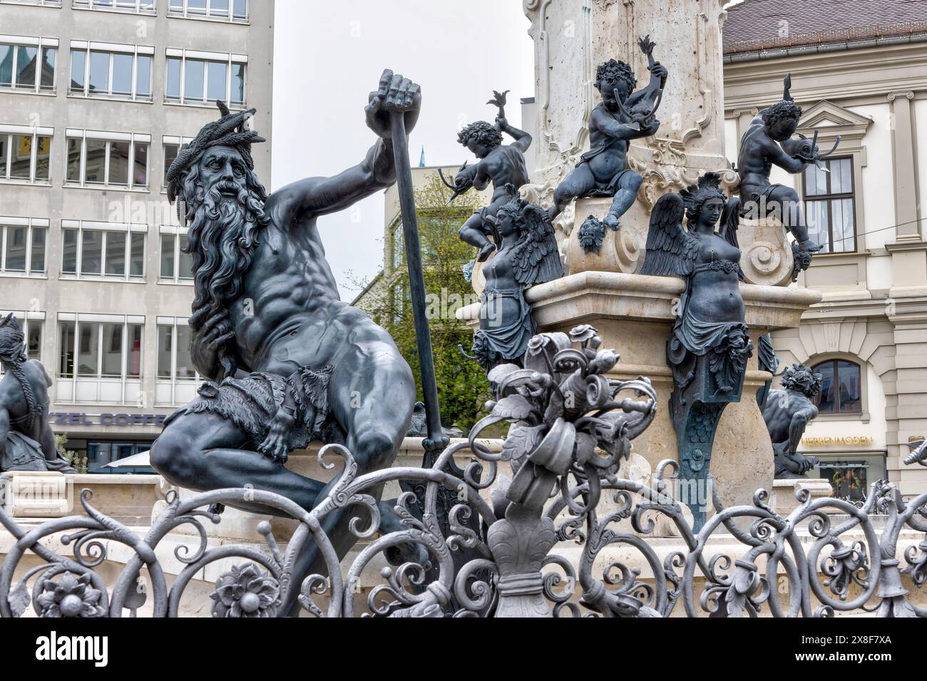 Detail of Augustus Fountain in Renaissance style with city founder and Roman Emperor Augustus on ...