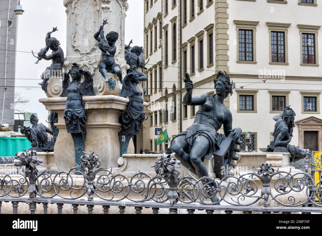 Detail of Augustus Fountain in Renaissance style with city founder and Roman Emperor Augustus on ...