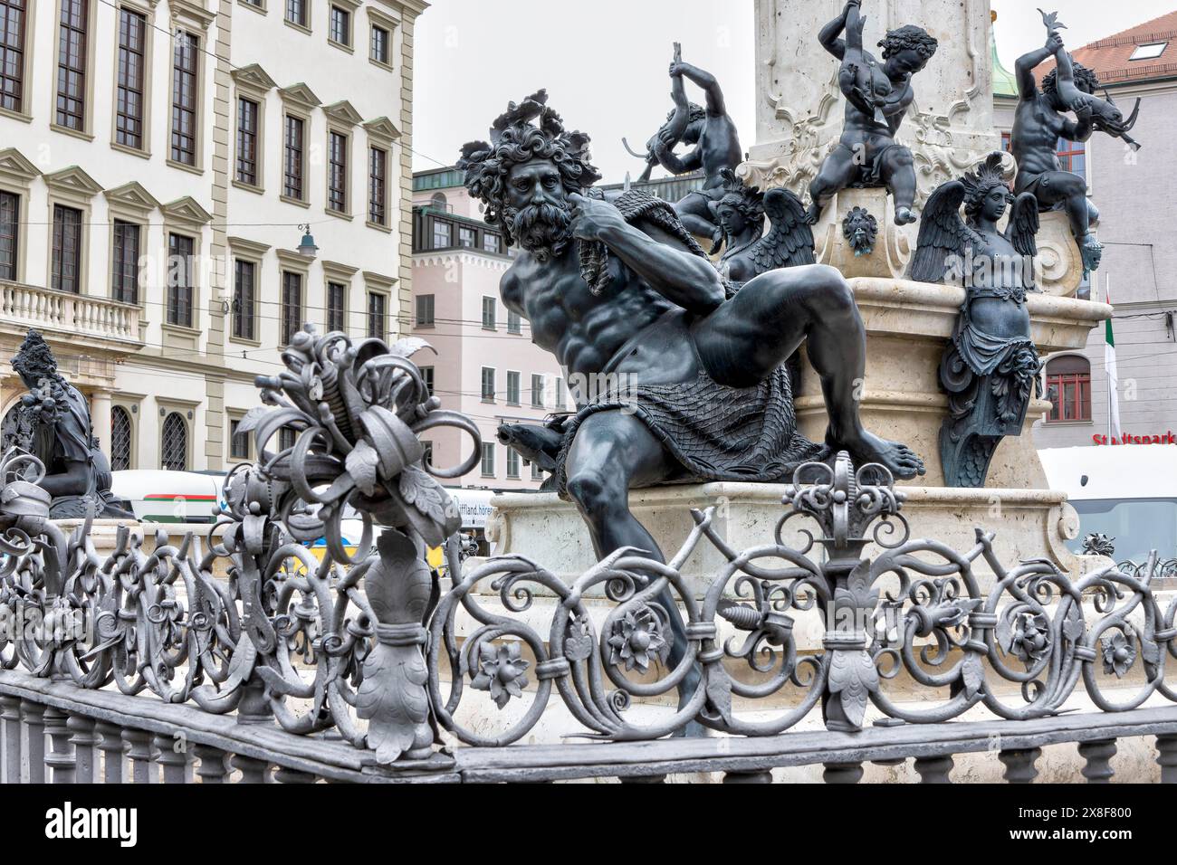 Detail of Augustus Fountain in Renaissance style with city founder and Roman Emperor Augustus on ...