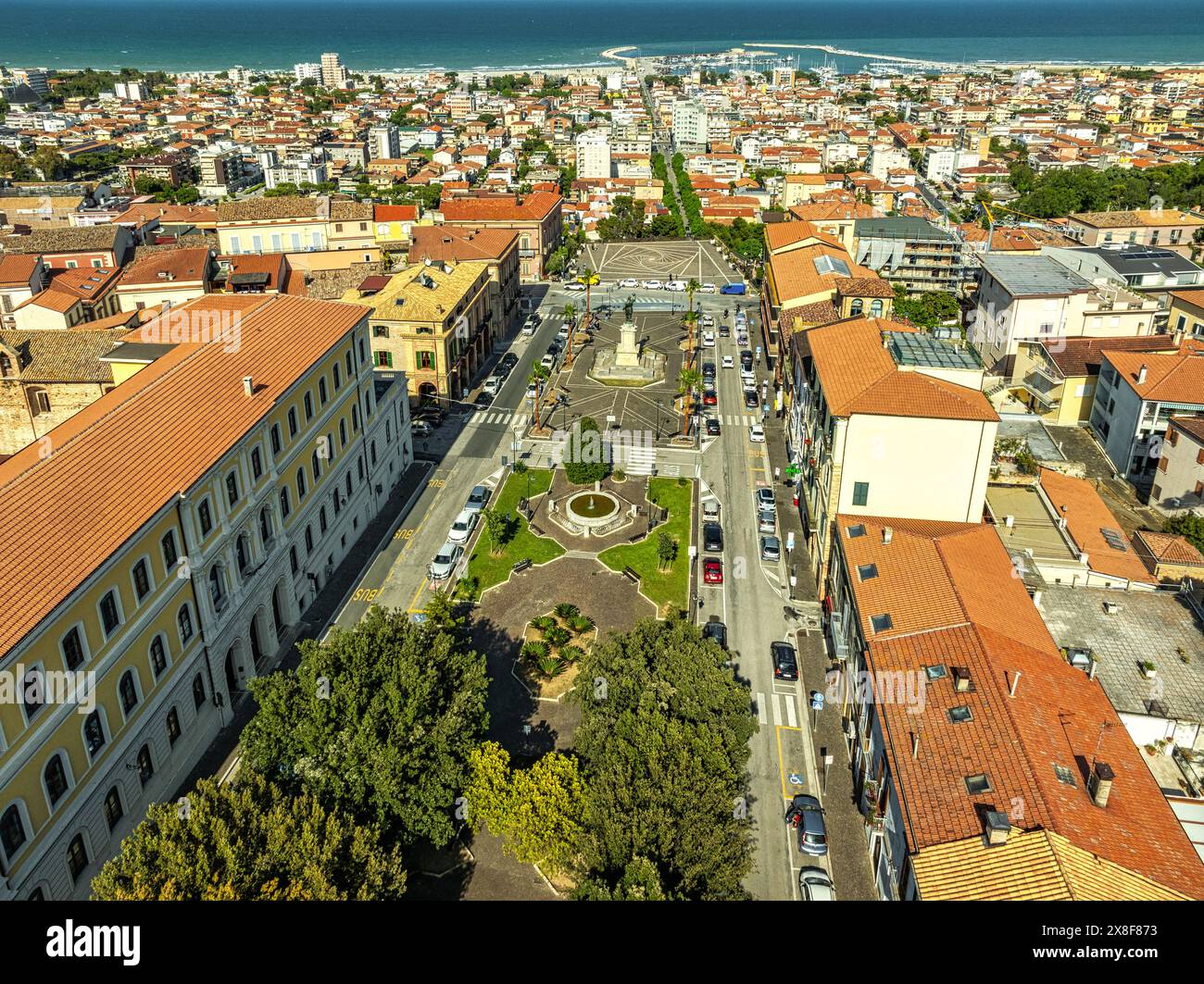 Aerial view from Piazza della Liberta in Giulianova towards the port ...