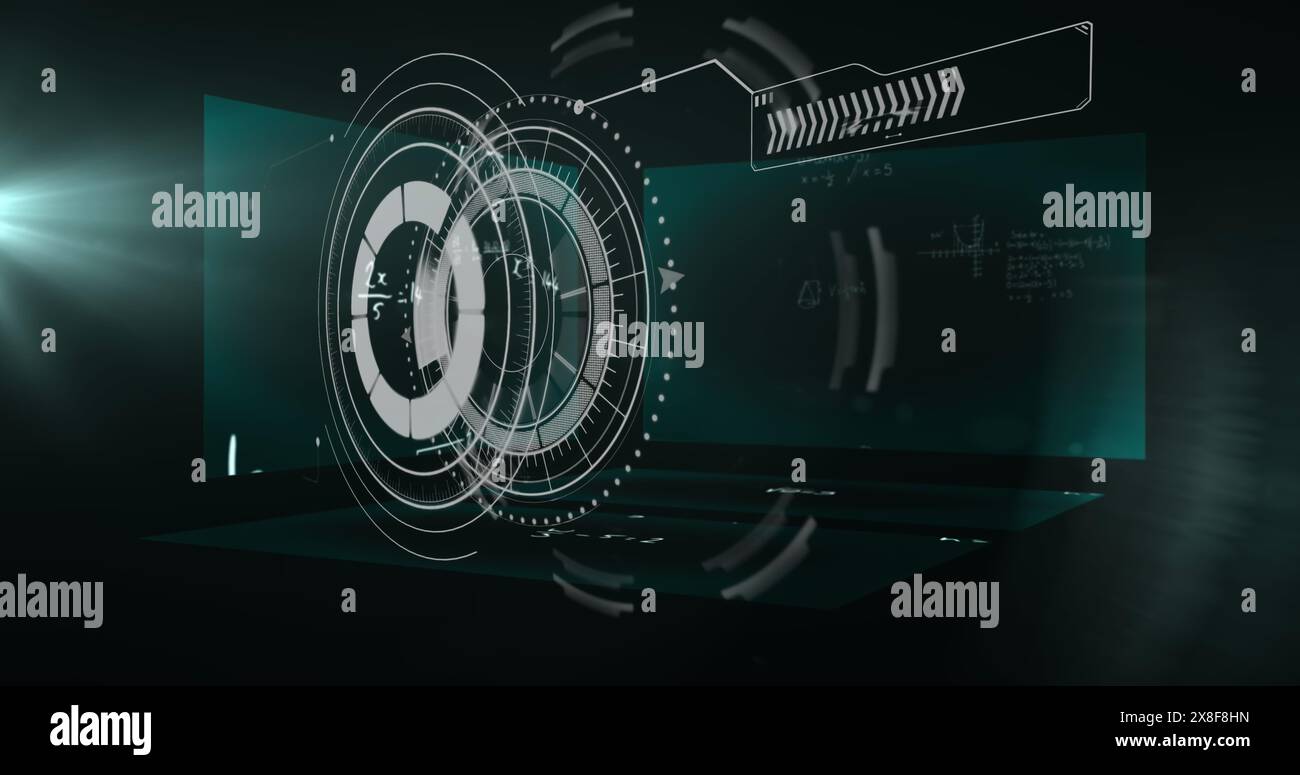 Image of interface with round scanner and data processing against mathematical equations Stock ...