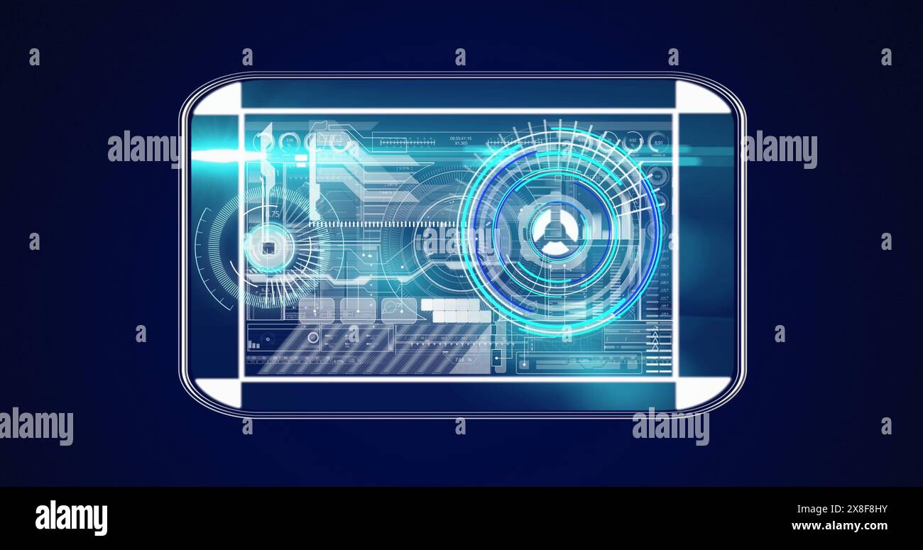 Image of interface with neon round scanner and data processing against blue background Stock ...
