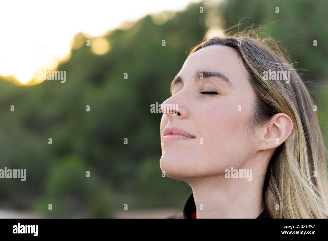 Close up portrait of a woman breathing fresh air. Inner peace Stock ...