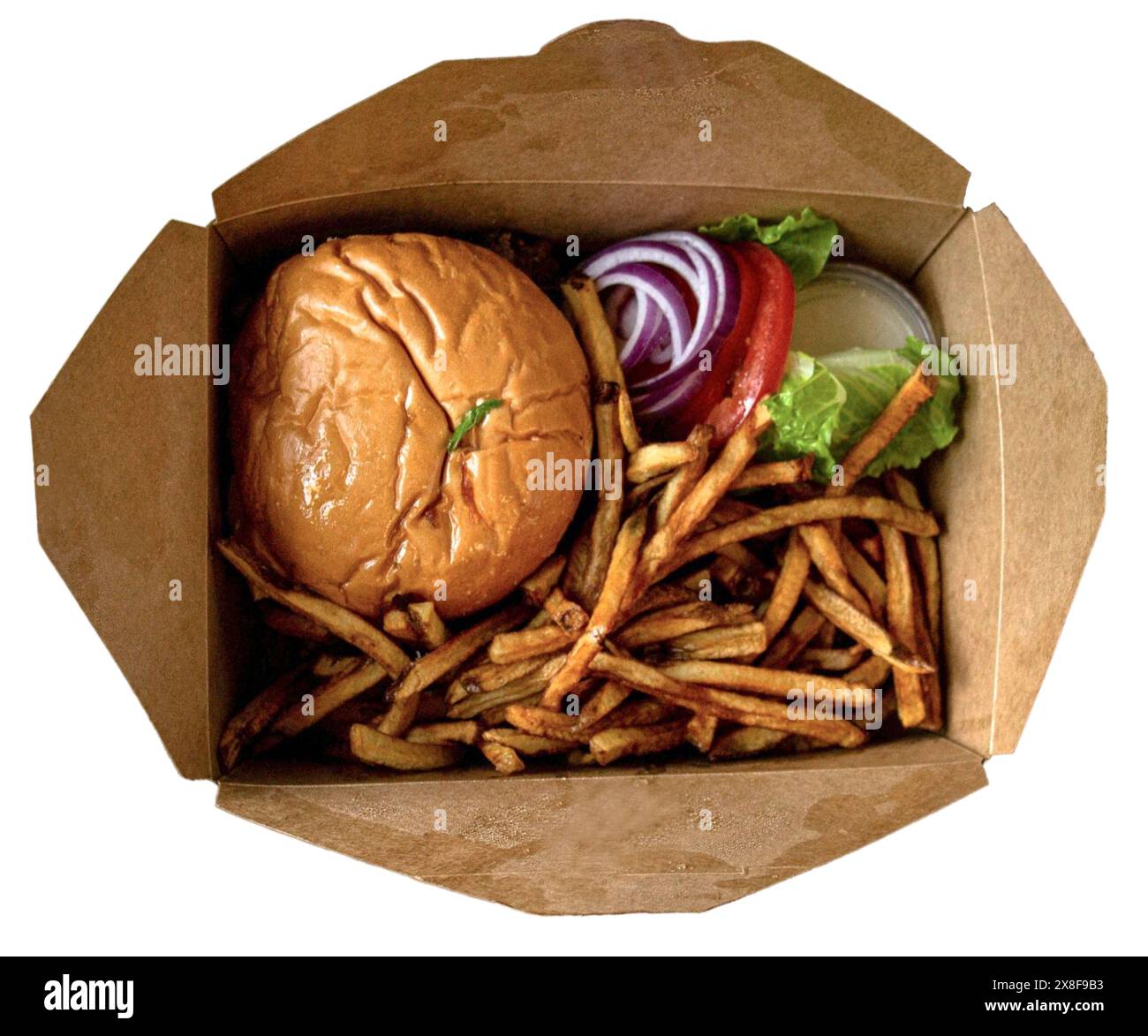 fresh tasty burger and french fries in paper box isolated on white ...
