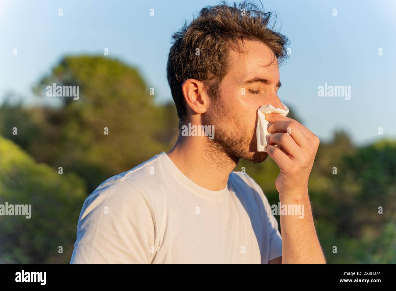 Sick man surrounded by nature blowing his nose and sneezing for pollen ...