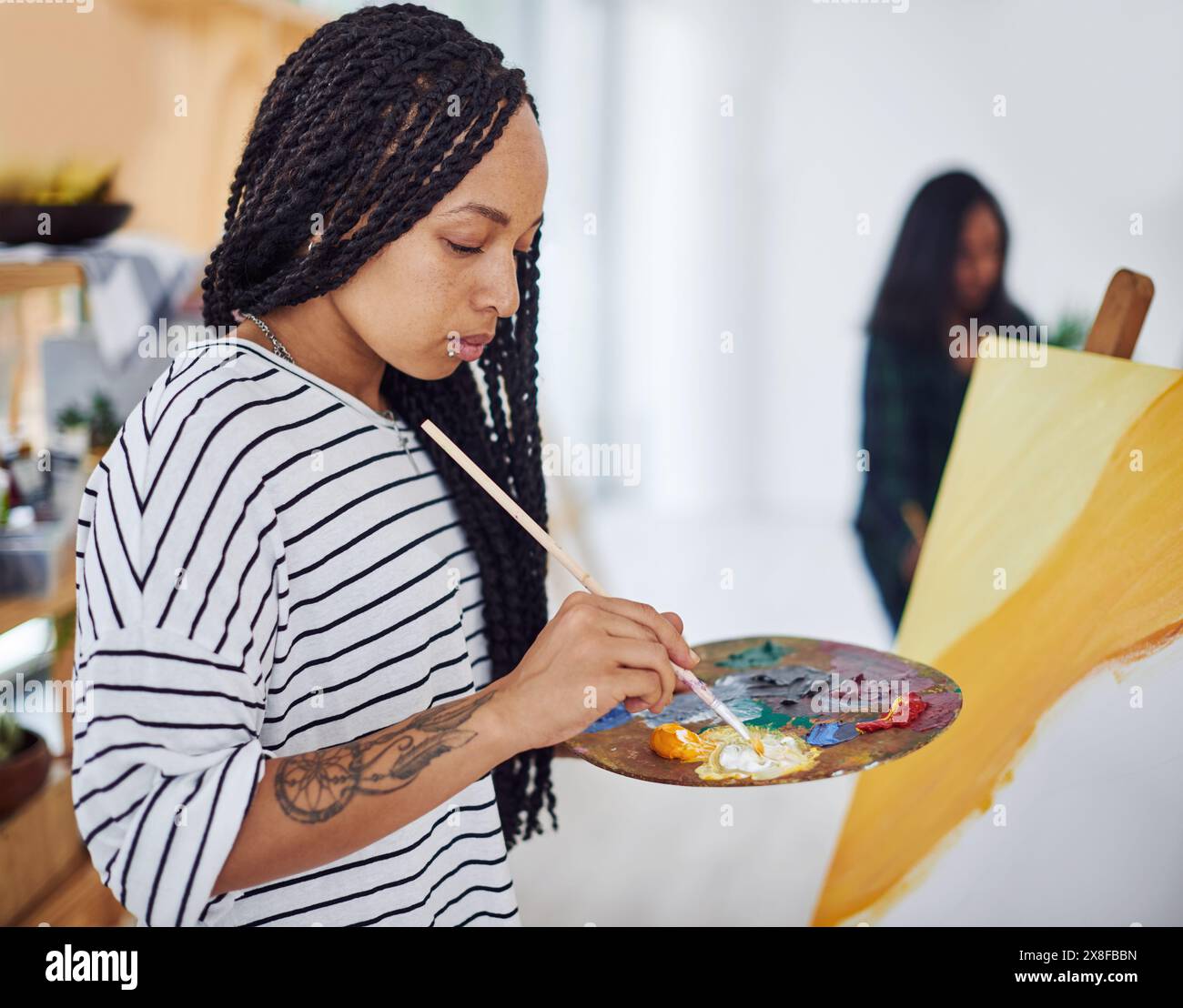 Woman, artist and paint palette for creative workshop or art therapy or ...