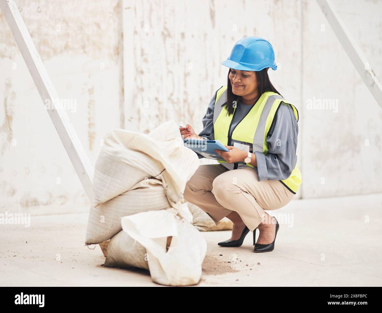Woman, clipboard and inspection with material at construction site with ...