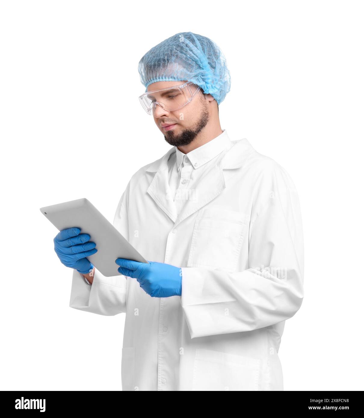 Quality control. Food inspector with tablet on white background Stock ...