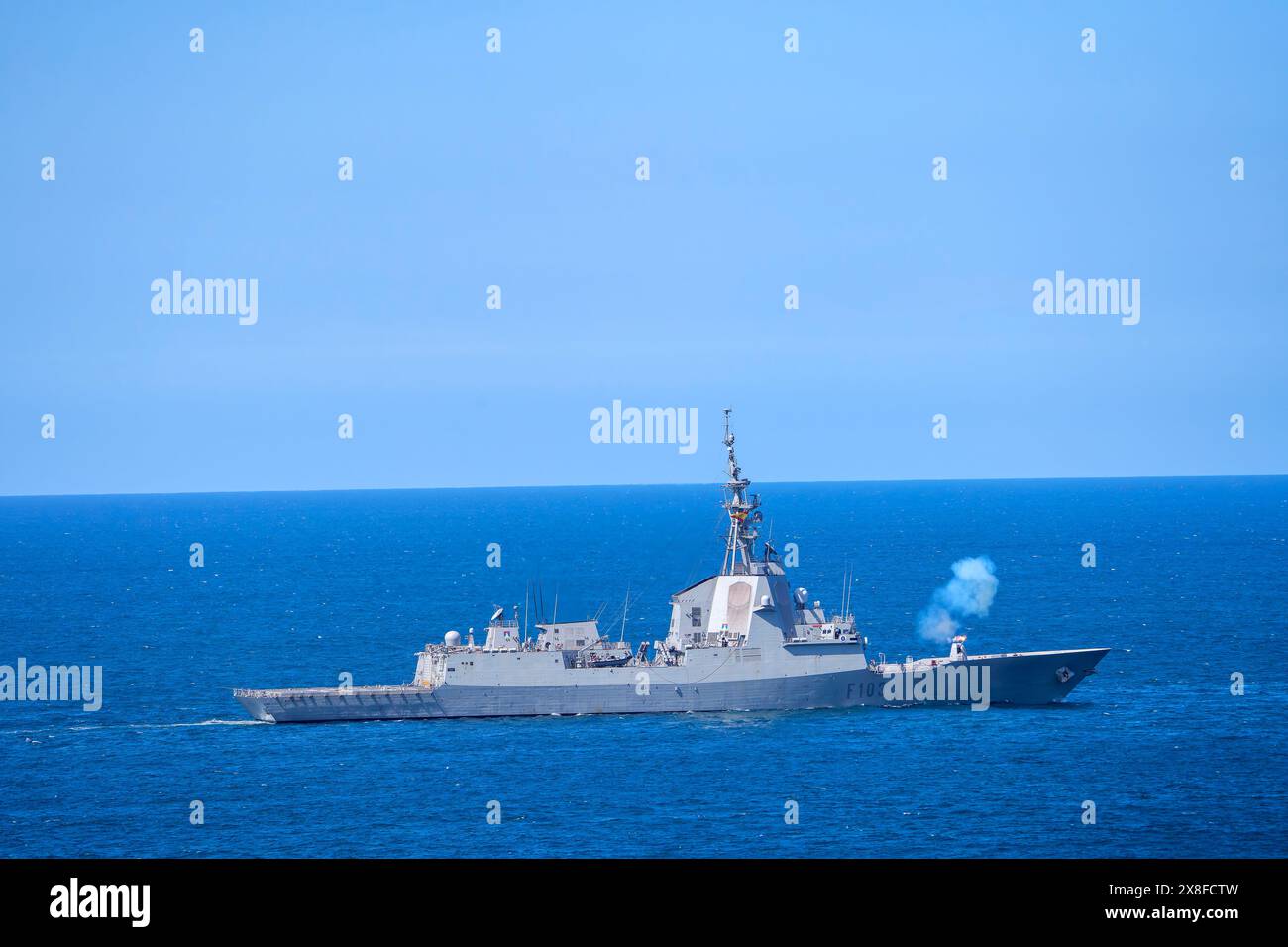 The frigate Blas de Lezo of the Spanish Navy firing its cannon in the ...