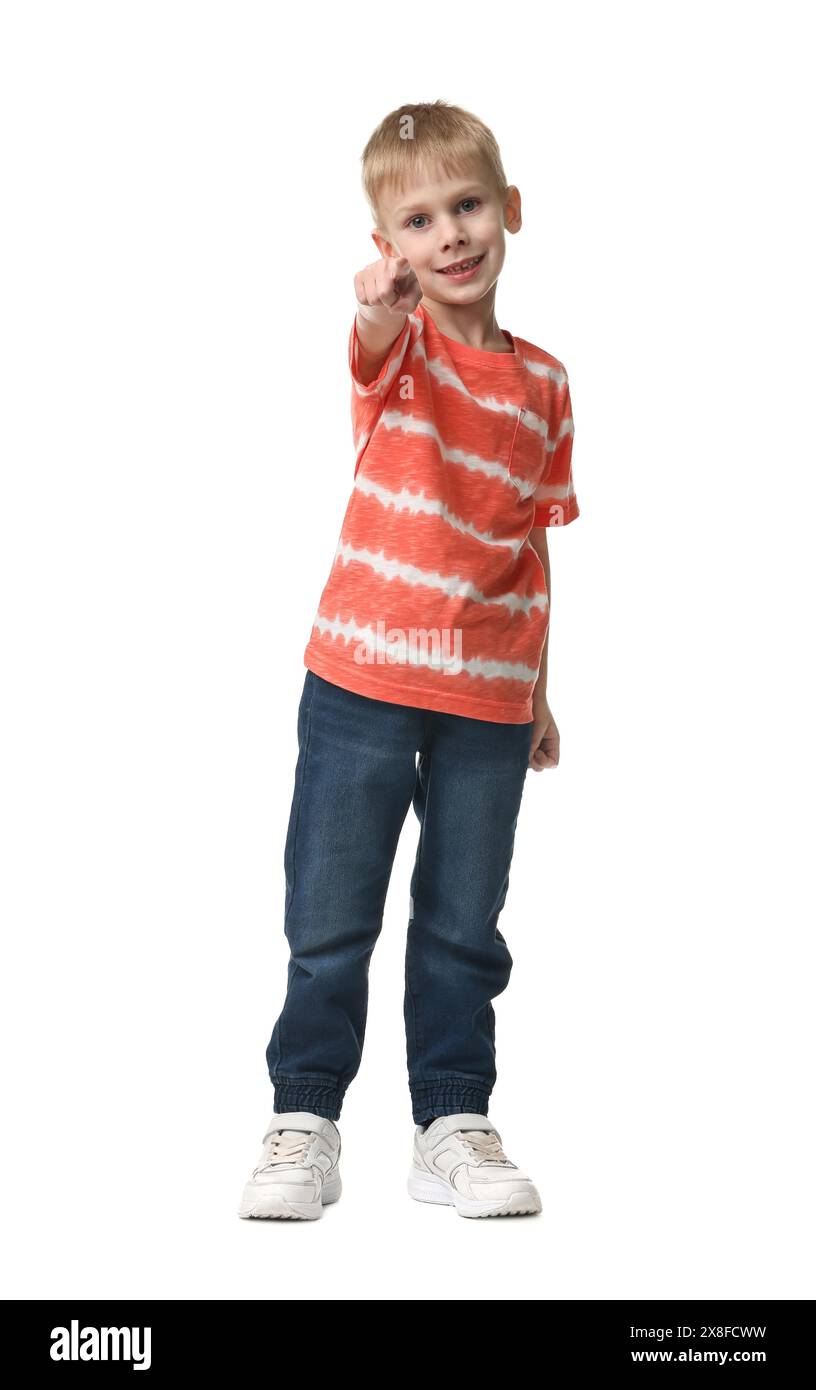 Happy little boy dancing on white background Stock Photo - Alamy