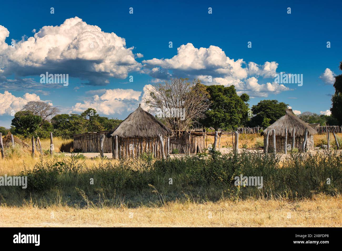 african village with rondavel shack, human settlement near Kalahari ...